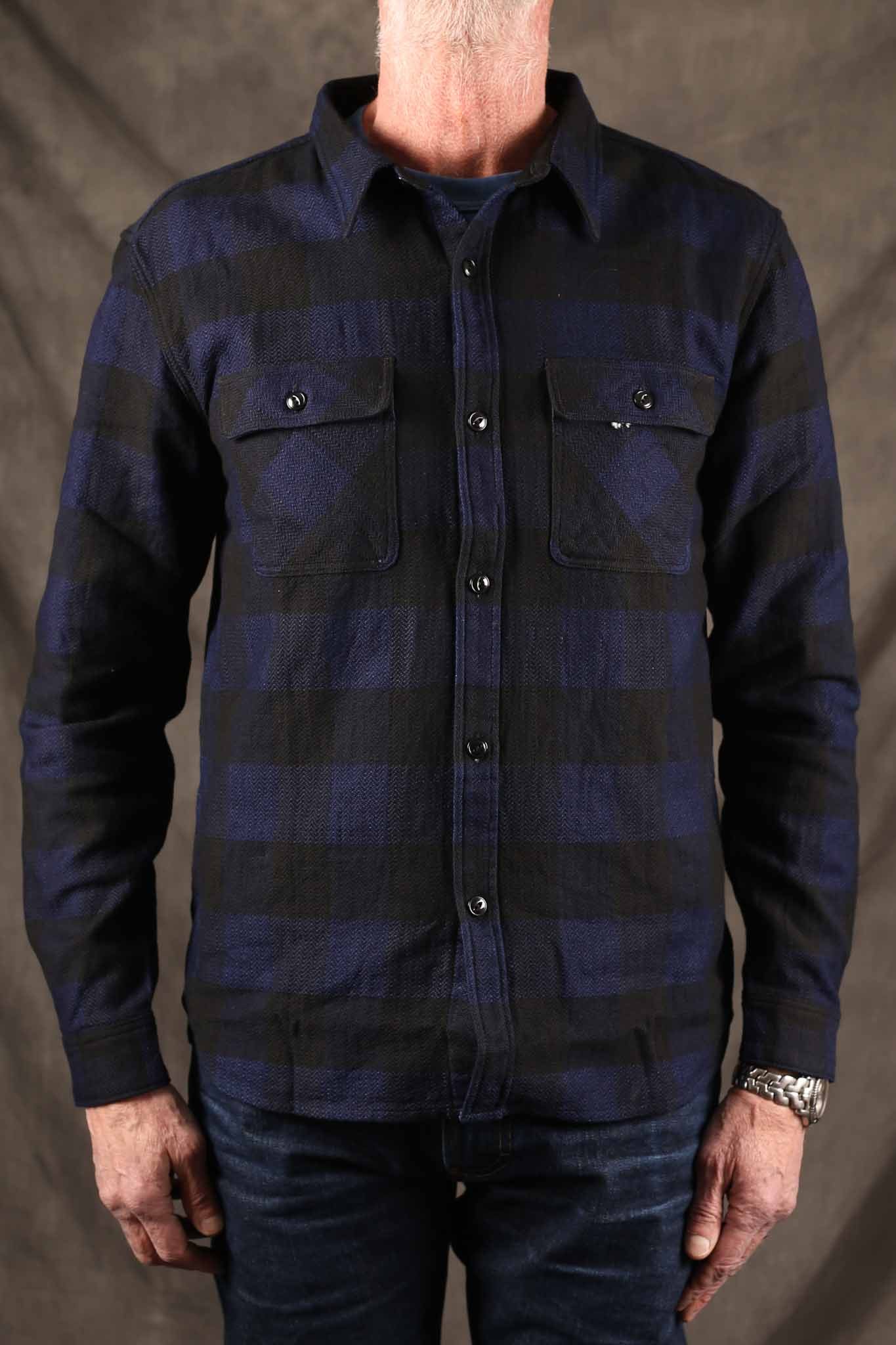 THE FLAT HEAD -SNR-101LSP - INDIGO BLOCK CHECK FLANNEL WORK SHIRT - Pinkomo